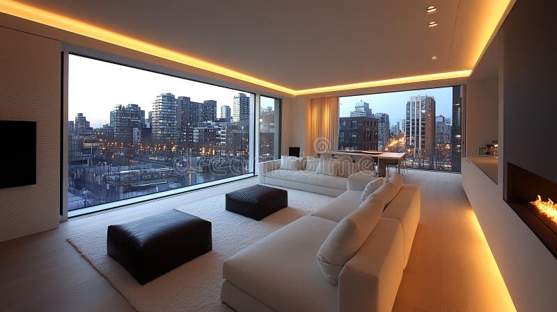 Modern City View Living Room with Warm Lighting Stock Illustration ...
