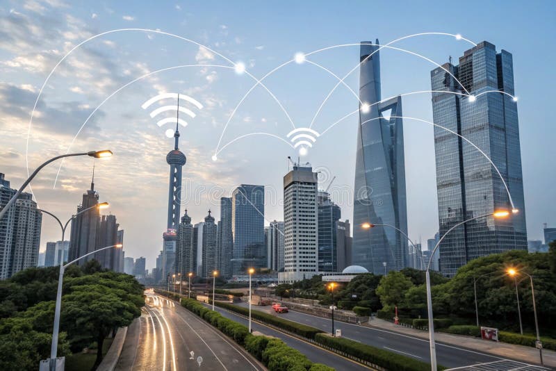 Modern City and Wireless Communication Network Concept Stock ...