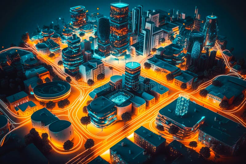 Modern City with Wireless Network Connection Concept, Nighttime ...