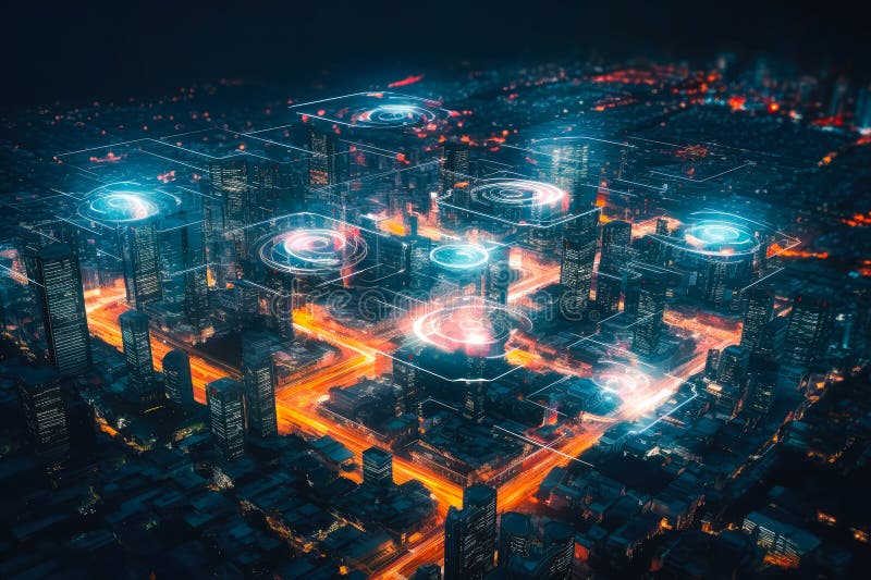 Modern City with Wireless Network Connection Concept, Nighttime ...