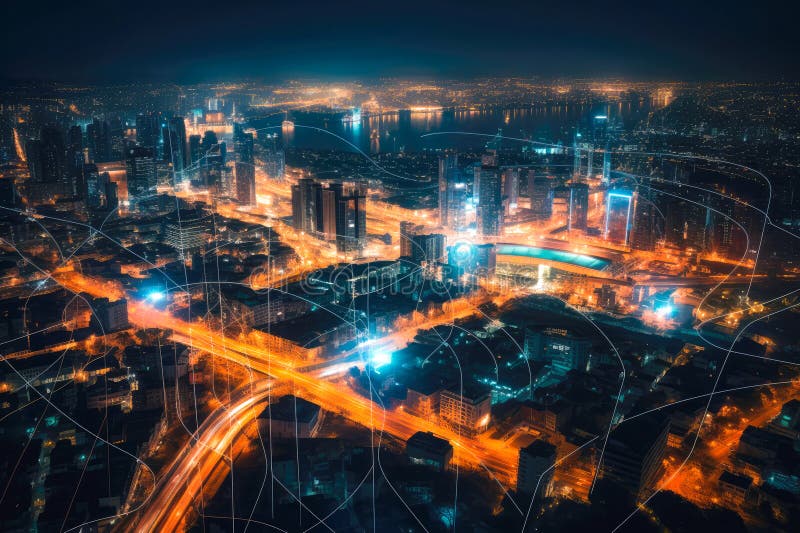 Modern City with Wireless Network Connection Concept, Nighttime ...