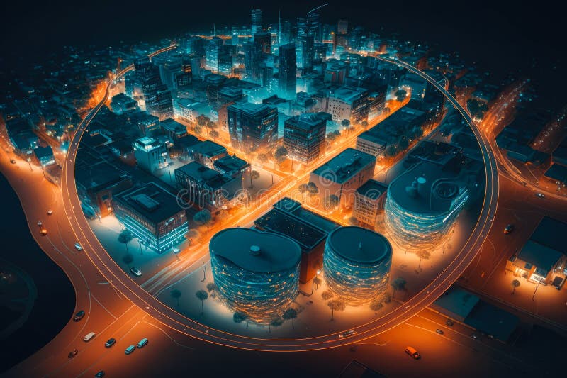 Modern City with Wireless Network Connection Concept, Nighttime ...