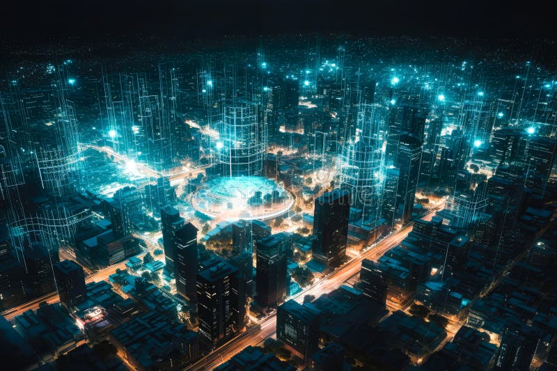 Modern City with Wireless Network Connection Concept, Nighttime ...