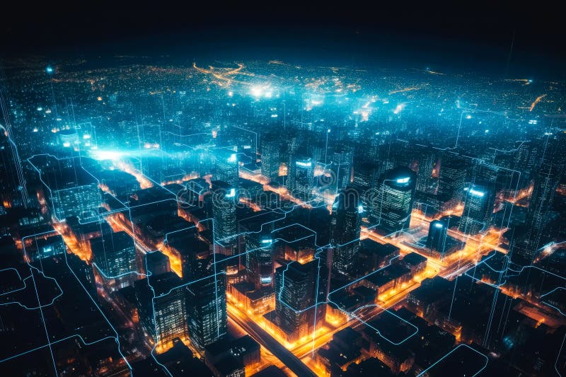 Modern City with Wireless Network Connection Concept, Nighttime ...