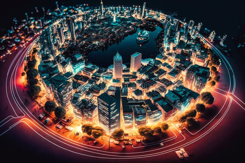 Modern City with Wireless Network Connection Concept, Nighttime ...