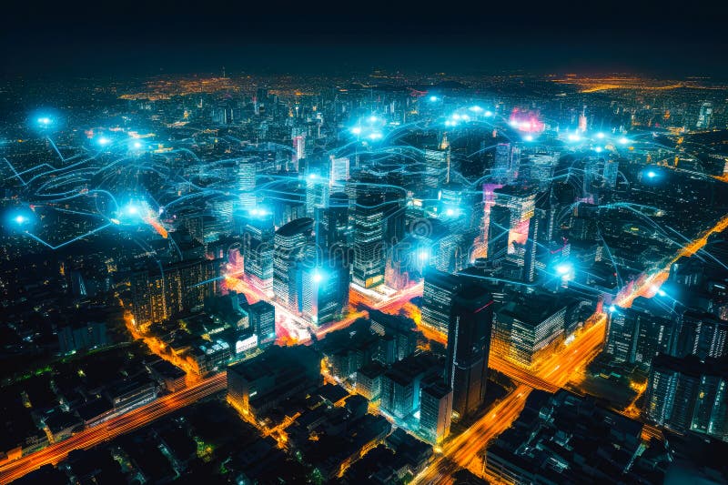 Modern City with Wireless Network Connection Concept, Nighttime ...