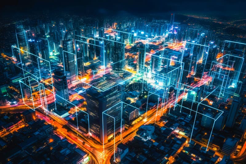 Modern City with Wireless Network Connection Concept, Nighttime ...