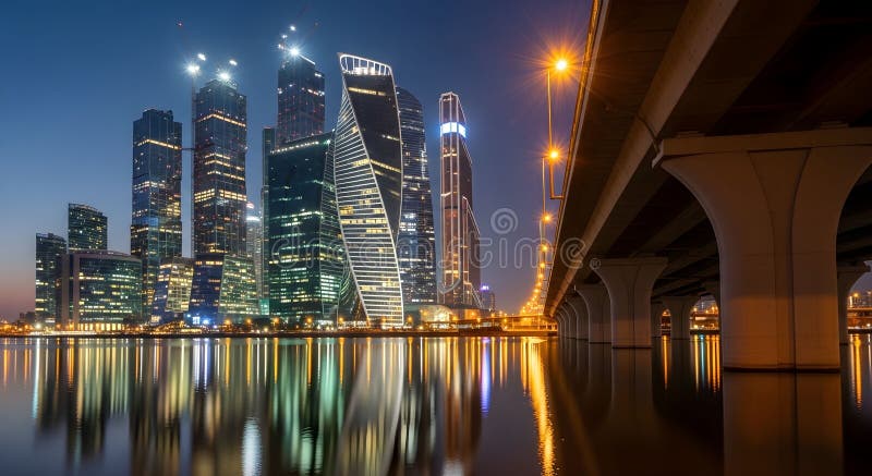 Modern Cityscape and Bridge Reflections at Night Over Still Water Stock ...