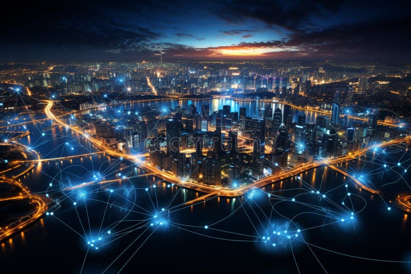 Modern Cityscape Buildings and Digital Connection Concept. 3D Rendering ...