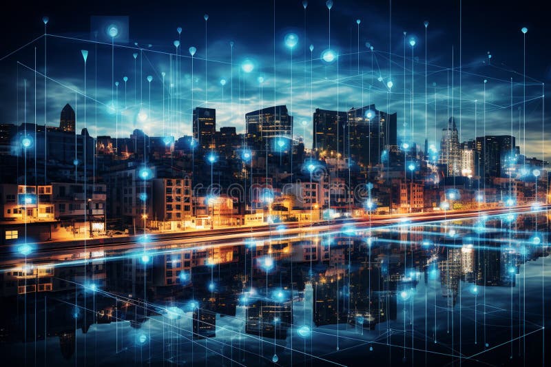 Modern Cityscape Buildings and Digital Connection Concept. 3D Rendering ...