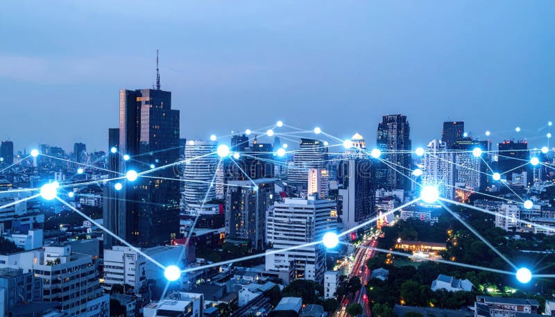 Modern Cityscape with Connected Digital Network Overlay Representing ...