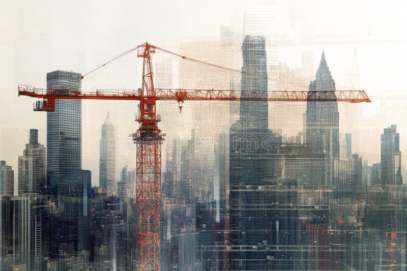 Modern Cityscape with Construction Crane a Double Exposure Image of a ...