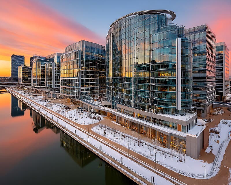 Modern Cityscape at Dawn, Winter Stock Photo - Image of river, sunrise ...
