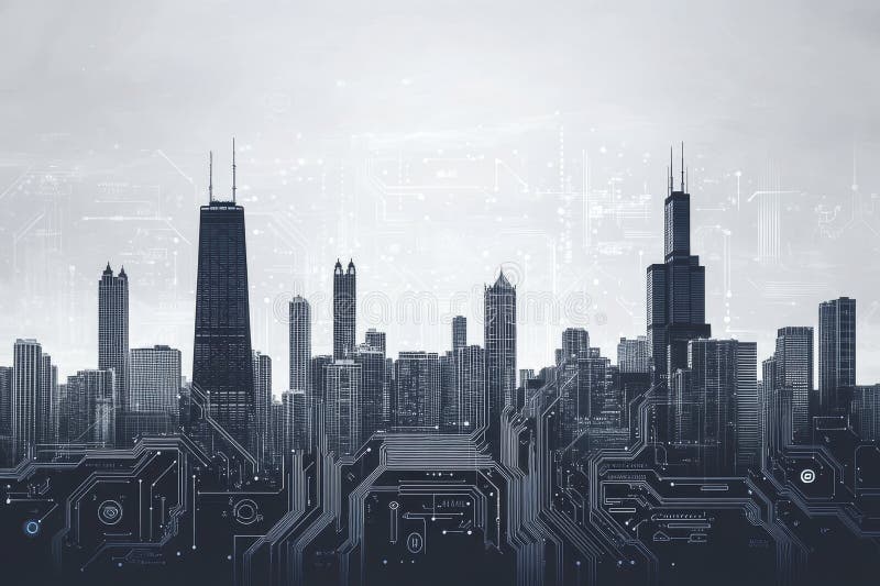 A Modern Cityscape with a Digital Circuit Overlay, Showing the Concept ...