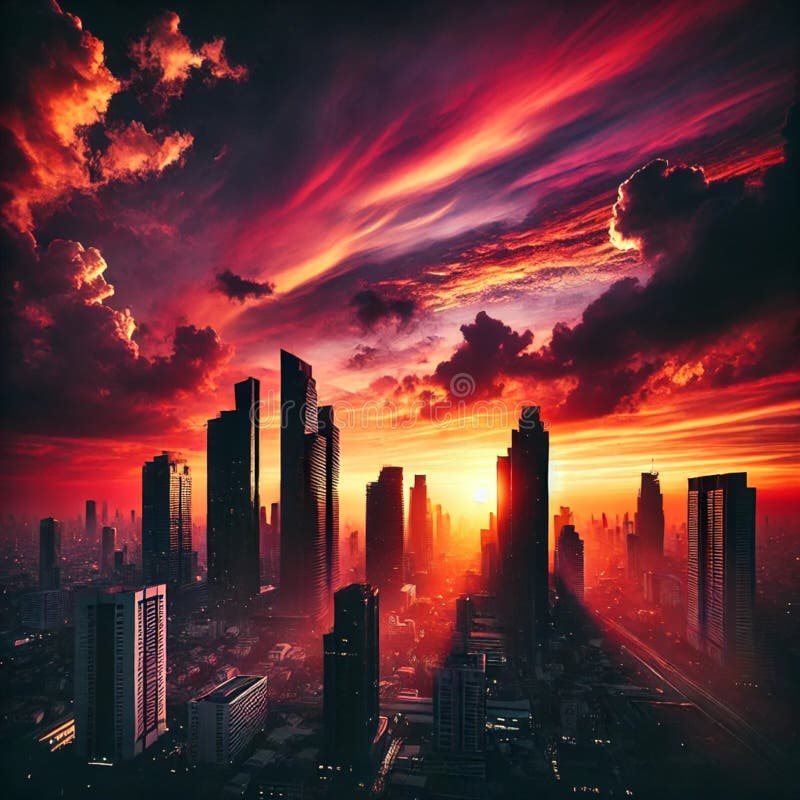Modern Cityscape with Dramatic Sunset and Vibrant Cloud Formations AI ...