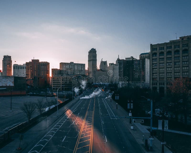 Modern Cityscape with an Empty Street during the Sunrise Stock Photo ...
