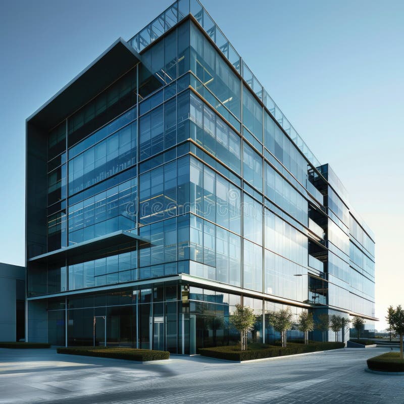 A Modern Cityscape Featuring a Tall Glass Building with a Prominent ...