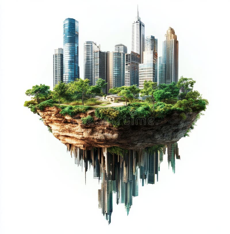 Modern Cityscape Featuring Urban Architecture with a Flying Island ...
