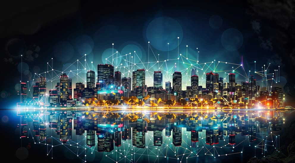 Modern Cityscape with Glowing Lights and Connection Lines. 3D Rendering ...