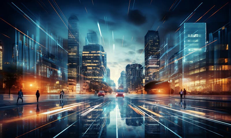 Modern Cityscape with Glowing Lights and Digital Interface Stock Image ...