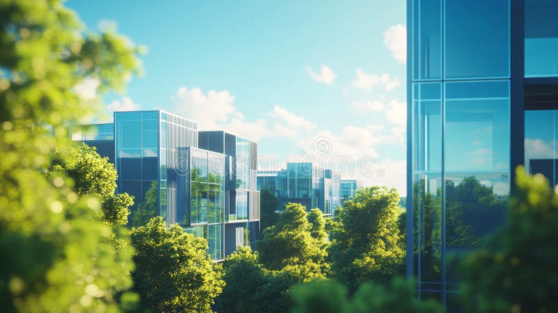 Modern Cityscape with Green Spaces and Blue Sky Stock Illustration ...