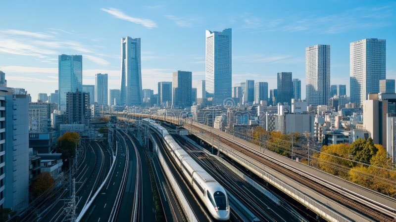 Modern Cityscape with High-speed Train and Skyscrapers Under Blue Sky ...