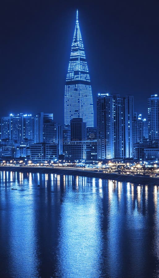 Modern Cityscape with Illuminated Skyscrapers and Reflections in Water ...