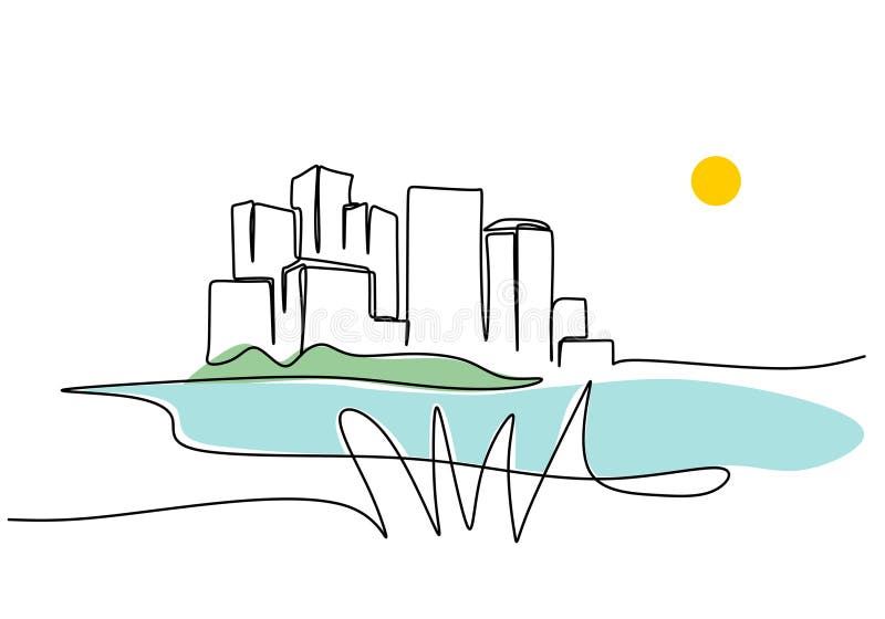 Modern Cityscape and Lake or River Continuous Line Drawing. Metropolis ...