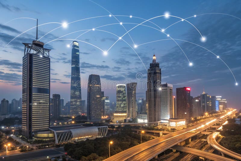 Cityscape with Wireless Network Connection Concept Stock Illustration ...