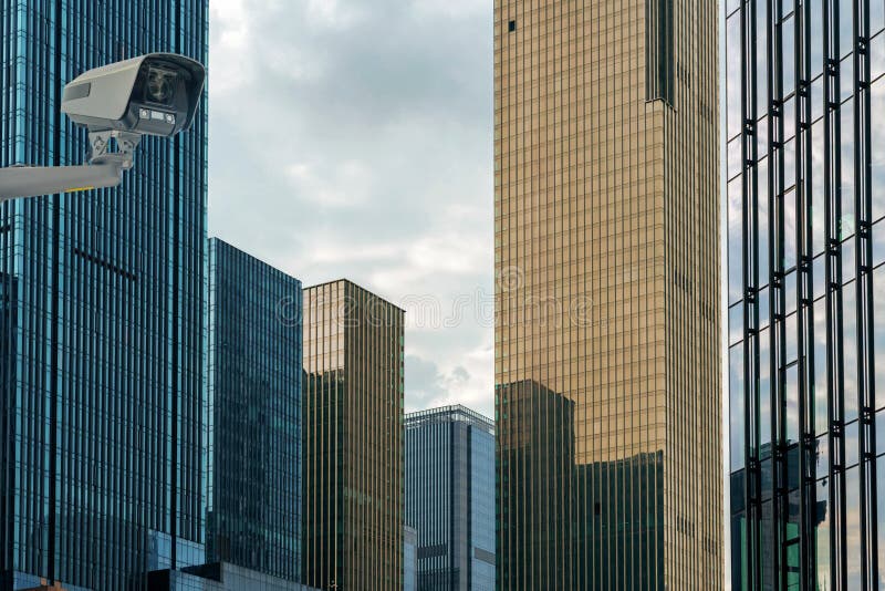 Cctv Camera in Modern City with Office Buildings Stock Image - Image of ...