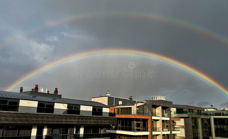 Modern Cityscape and Rainbow View. Wide Angle Stock Photo - Image of ...