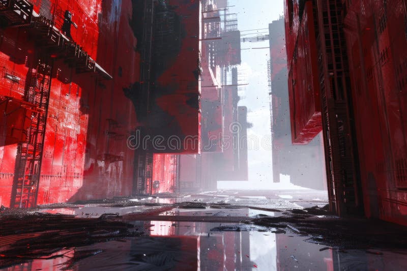 A Modern Cityscape with Red Walls and a Reflective Ground, Suitable for ...