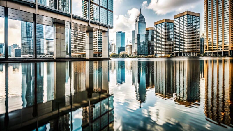 Modern Cityscape with Reflection in Water Stock Illustration ...