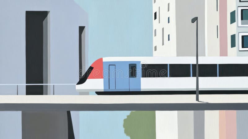 A White Subway Train is Approaching, Surrounded by Design Buildings ...