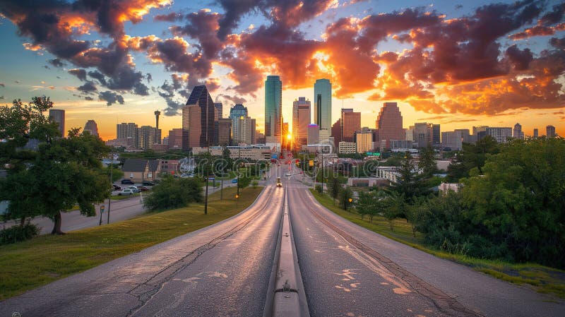 Modern Cityscape at Sunset, Empty Road and Stunning Skyline. Generative ...