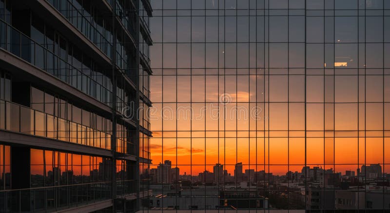 Modern Cityscape at Sunset, Reflected in the Glass Facade of a Building ...
