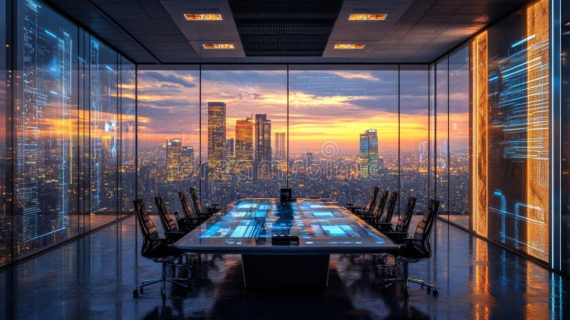 Modern Cityscape Sunset View from Highrise Conference Room Stock ...