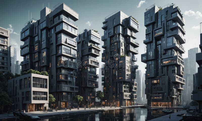 Modern Cityscape with Tall, Angular Buildings and Body Water in the ...