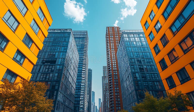 Modern Cityscape of Tall Buildings and Clear Blue Sky with Clouds Stock ...