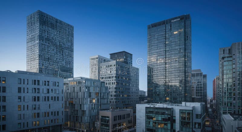 Modern Cityscape at Twilight, Grey and Blue Skyscrapers Stock ...