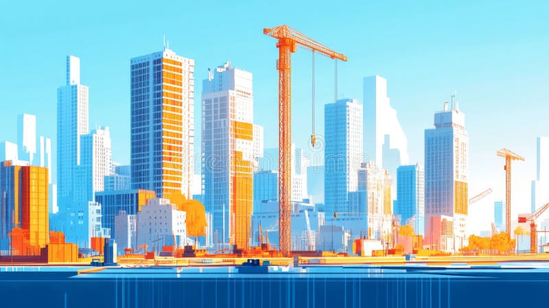 Modern Cityscape Under Construction with Tower Cranes and High-Rise ...