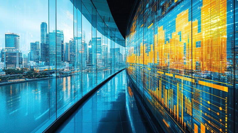 Modern Cityscape View through a Glass Corridor with Data Visualizations ...