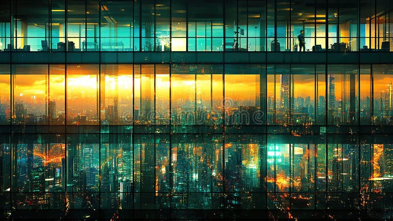 Modern Cityscape Viewed through Glass Office Building Windows at Sunset ...