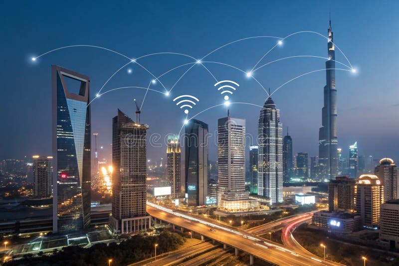 Modern Cityscape with Wireless Network and Connections at Night Stock ...