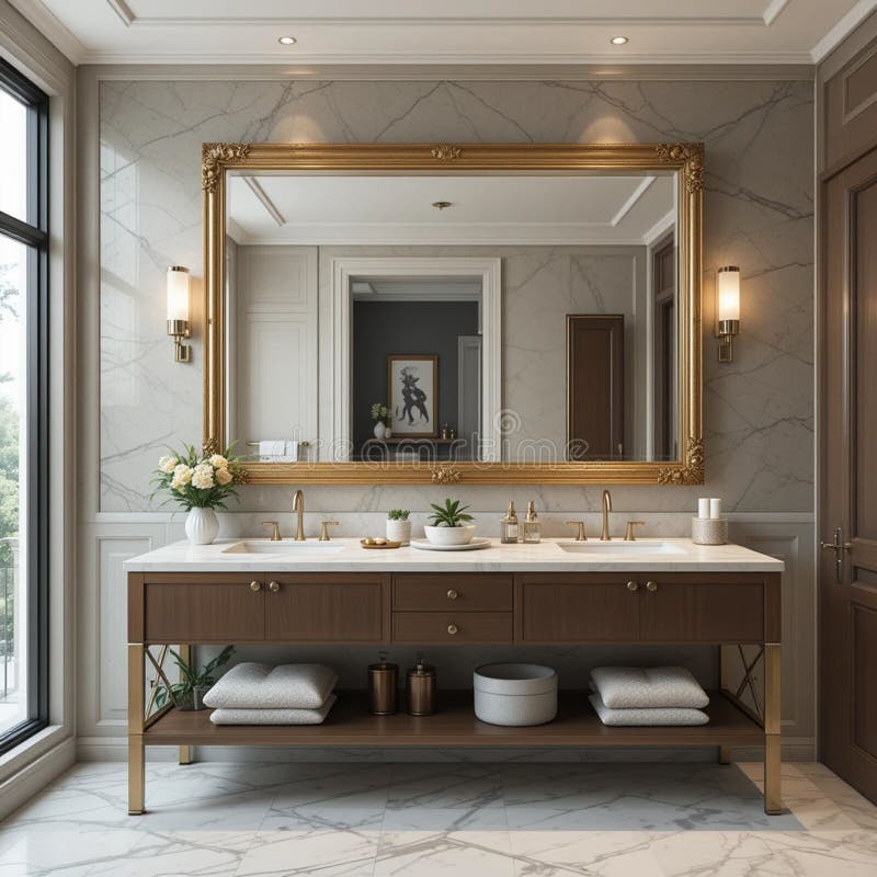 Modern-classic Bathroom with a Large Gold-framed Mirror Stock ...