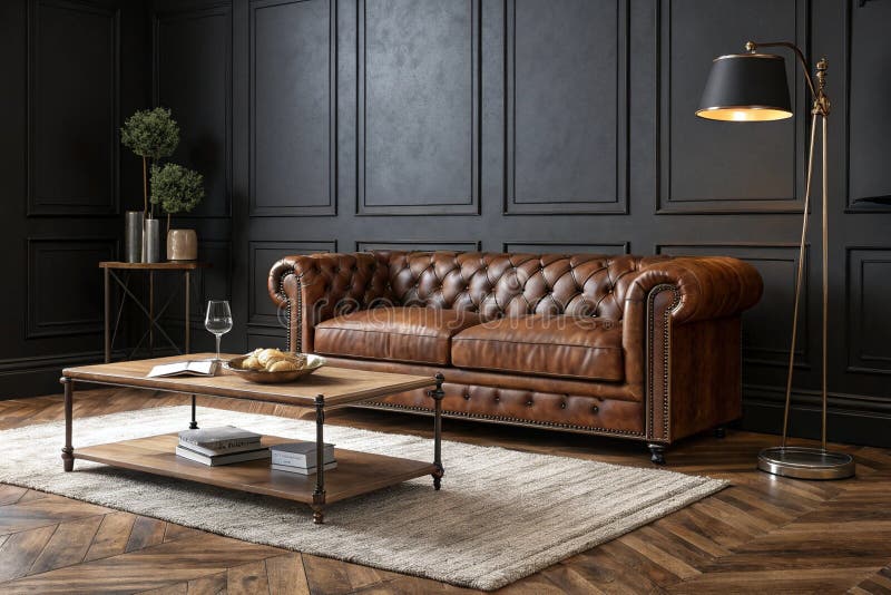 Modern Classic Black Interior with Brown Leather Chesterfield Sofa ...