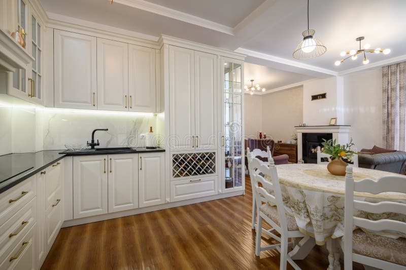 Modern White Large Luxurious Kitchen and Dining Room in Studio ...