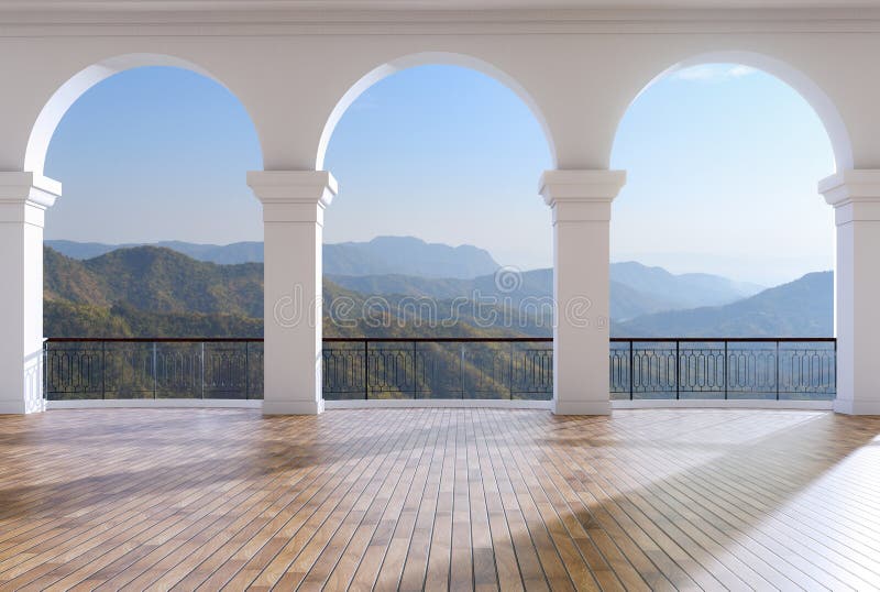 Modern Classical Style Empty Luxury Terrace with Mountain View 3d ...