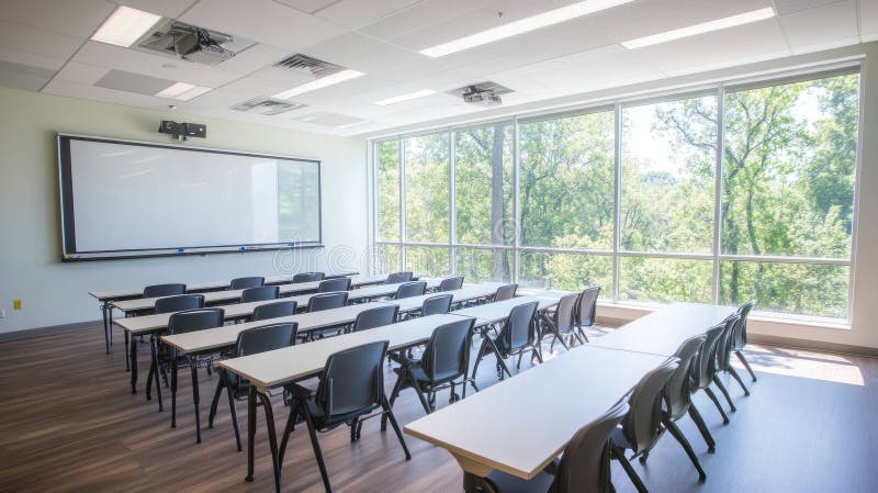 Modern Classroom with Abundant Natural Light and Expansive Forest Views ...