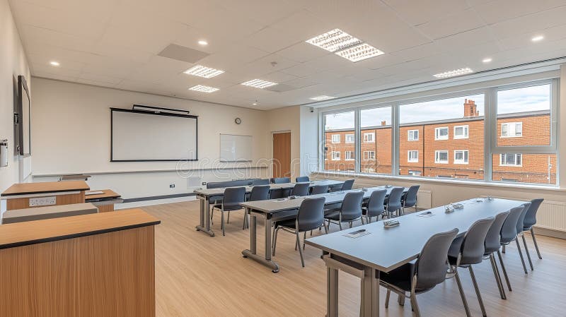 Modern Classroom with Ample Seating, Projector, and Large Windows Stock ...